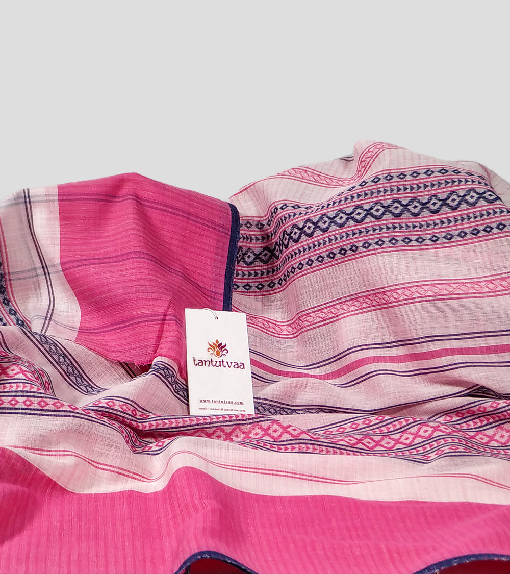 Mexican Pink N Midnight Blue Dhonekhali Cotton Saree – Tantutvaa
